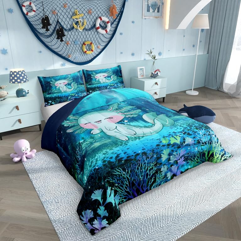 Manfei Cartoon Axolotl Twin Size Comforter Set,Cute 3D Ocean Animal Quilt Set Soft Bed Collection,Blue Seaweed Plant Bedding Comforter for Boys Girls Kawaii Bedroom Decor,2 Pcs