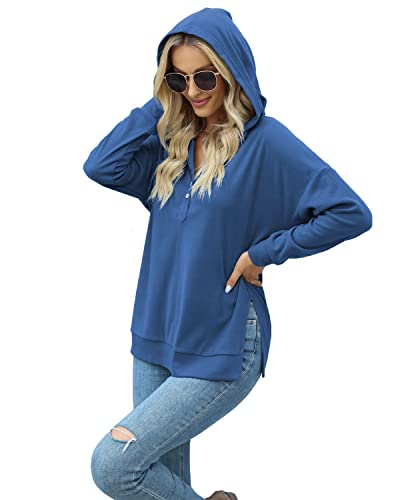 Auremore Womens Hoodies V Neck Long Sleeve Tops Fall Shirts Button Up Fashion Sweaters Blue L