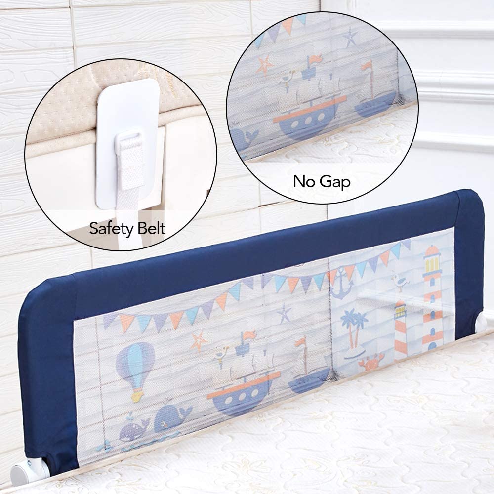 59 Inches Toddler Bed Rail Fold Down Safety Baby Bed Guard with NBR Foam Including 1 Pc Safety Strap by KOOLDOO (Blue)