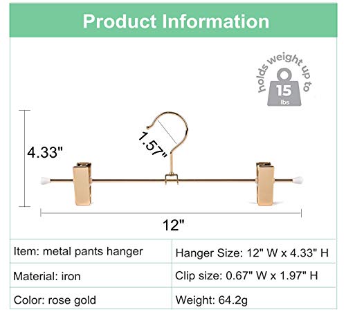 Amber Home 12 Inch Real Rose Gold Metal Pants Skirts Hangers 12 Pack, Sturdy for Slacks Trousers with 2 Adjustable Non Slip Clips and Swivel Hook (12 Pack)