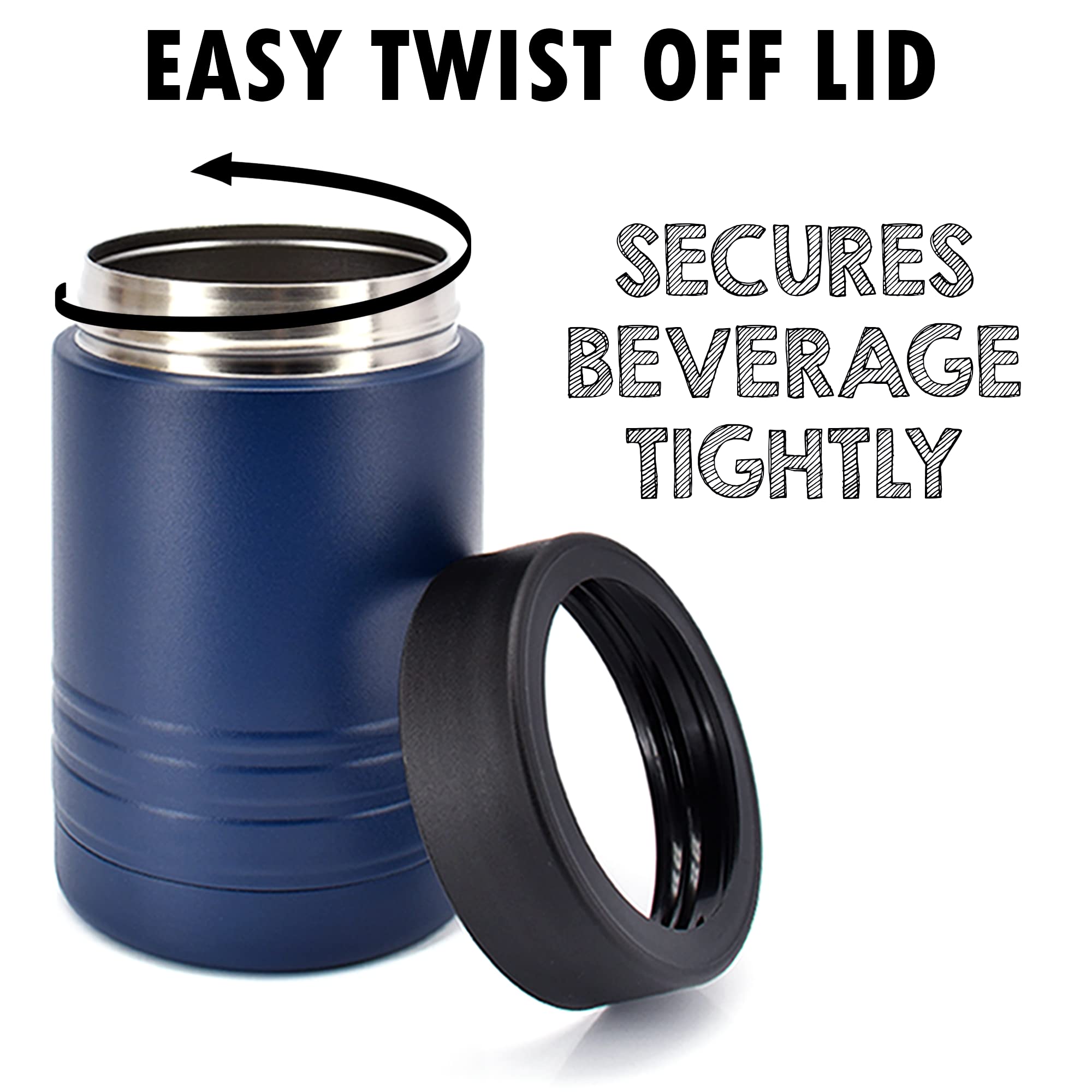 4-in-1 Stainless Steel 12 oz Double Wall Vacuum Insulated Can or Bottle Cooler Keeps Beverage Cold for Hours - Also Fits 16 oz Cans - Powder Coated Navy - Clear Water Home Goods