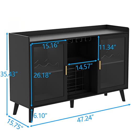 Auromie Wine Bar Cabinet with Led Light, Home Coffee Cabinet with Wine and Glass Rack, Kitchen Buffet Sideboard with Storage Shelves, Freestanding Liquor Cabinet for Living Room, Dining Room (Black)