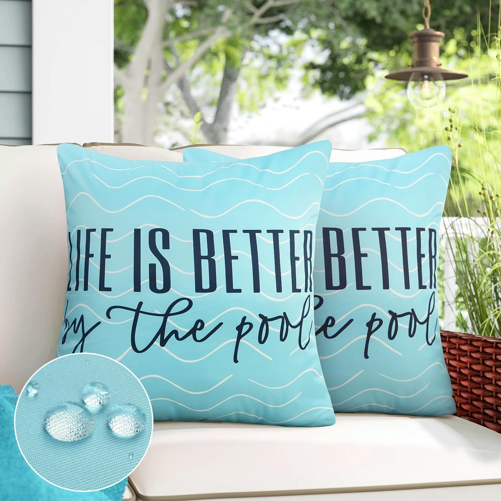 Adabana Blue Outdoor Waterproof Throw Pillow Covers 16x16 Inch Set of 2 Decorative Porch Pillows Cover for Patio Furniture Garden, Life is Better by The Pool