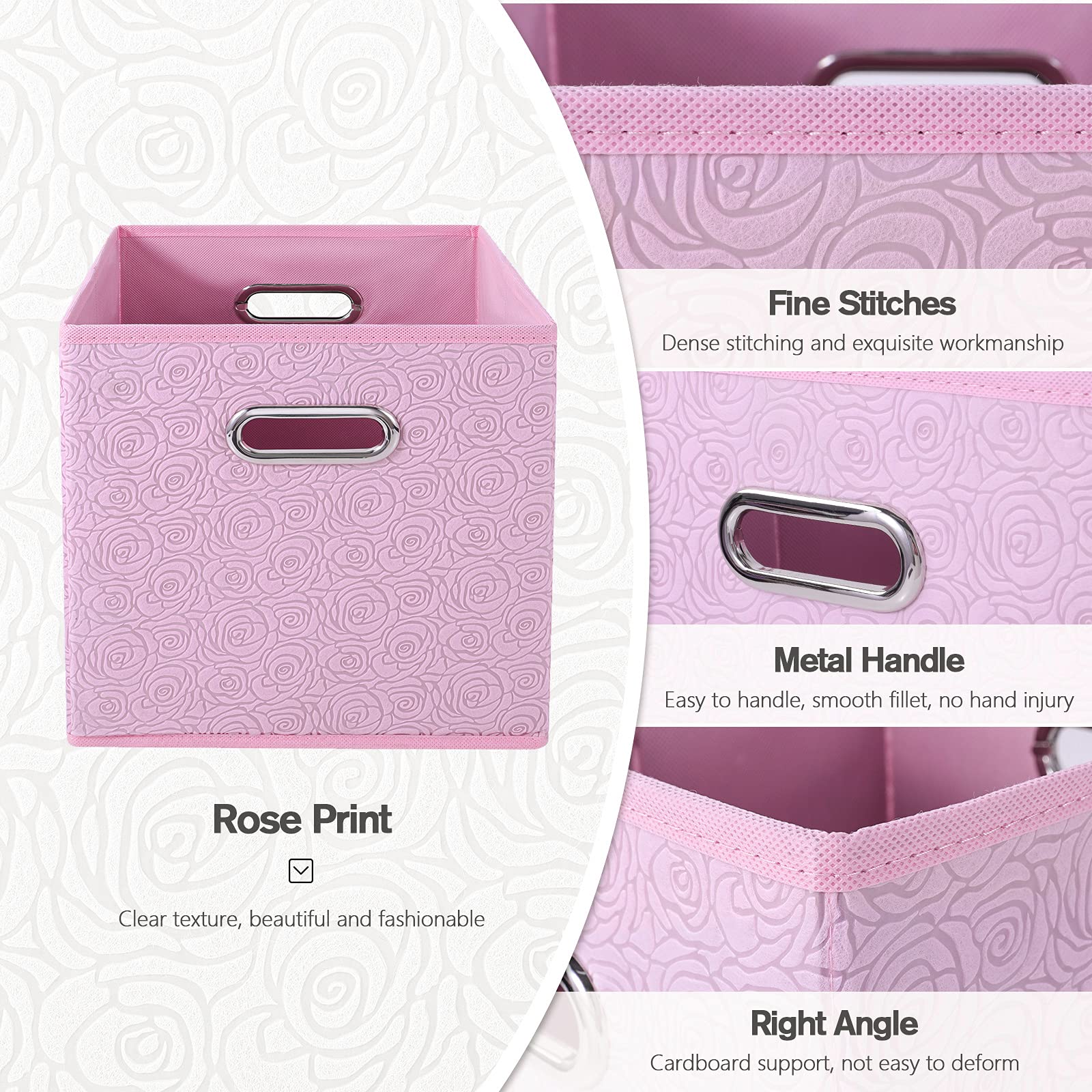 ANMINY 3PCS Storage Cubes Set Romantic Rose Print Large Storage Bins Boxes Baskets Non-Woven Fabric with Handles Desktop Closet Shelf Foldable Organizer Container for Home Office 11"x 11"x 11" - Pink