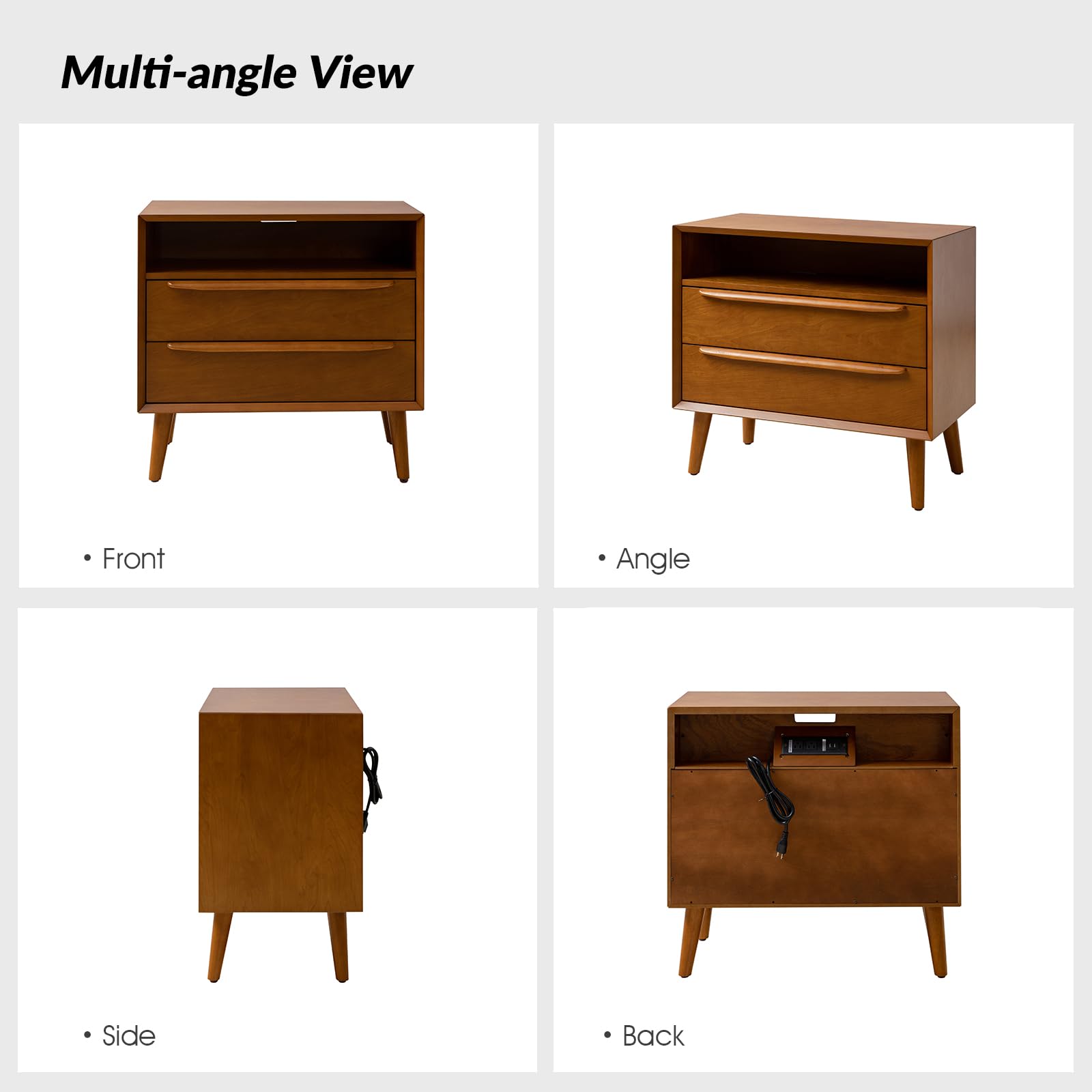 HULALA HOME Nightstand with Charging Station, Set of 2 Mid-Century Modern 2 Drawer and Open Shelf Dresser for Bedroom, Fluted Bedside Table, Acorn