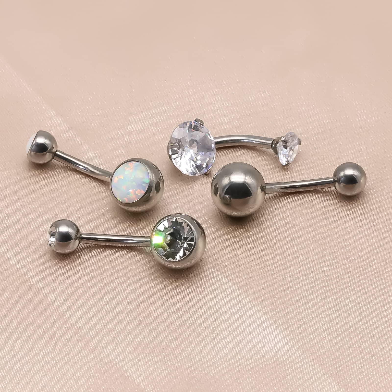 3Pcs G23 Titanium Belly Rings 14G Internally Threaded Belly Button Rings Round Cubic Zirconia CZ Opal Stone Navel Barbell Rings Stud Body Piercing Jewelry