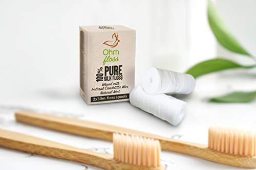 Ohm Earth’s Ohm Floss Refill – Natural Biodegradable Silk Dental Floss for Refillable Bamboo/Steel Holder, Natural Candelilla Wax, 100% Compostable, Eco Oral Care, 110 yds/100m (2-Pack) Natural Mint