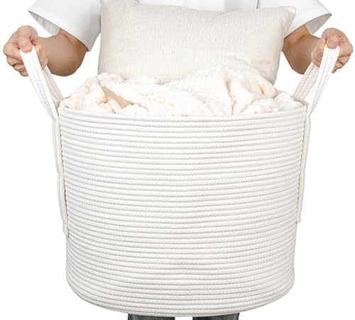 CubesLand Laundry Basket,Laundry Hamper Basket Bin for Laundry,Blanket Basket,Woven Rope Clothes Hamper,Blanket Basket for Living Room,Durable Soft Large Bin Basket with Handle,Round 58L Off White
