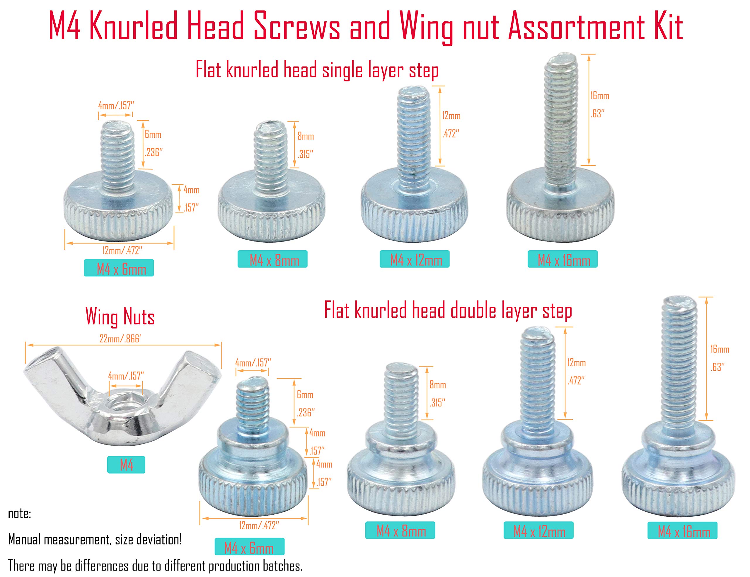 LBY 80pcs Knurled Hand Screw, M4 Flat Knurled Head Fully Threaded Thumb Screws and Wing Nuts 9 Sizes Assortment Kit, Carbon Steel Galvanize
