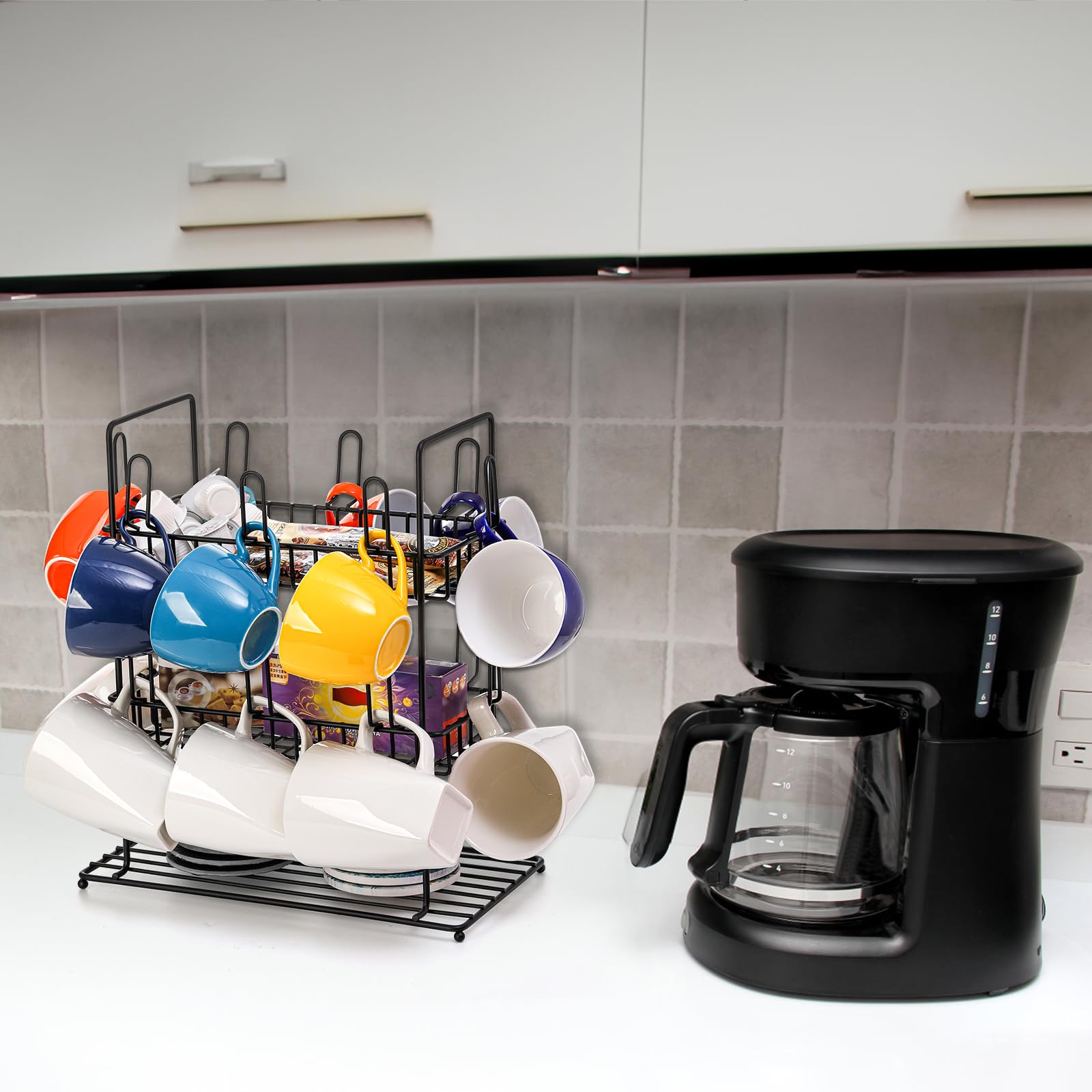 Hedume Coffee Mug Holder Stand, 3 Tier Countertop Metal Double-Side Mug Tree Holder Rack with Storage Shelves, Large Coffee Mug Tree Rack for 16 Mugs, Counter Cup Organizer with Storage Base