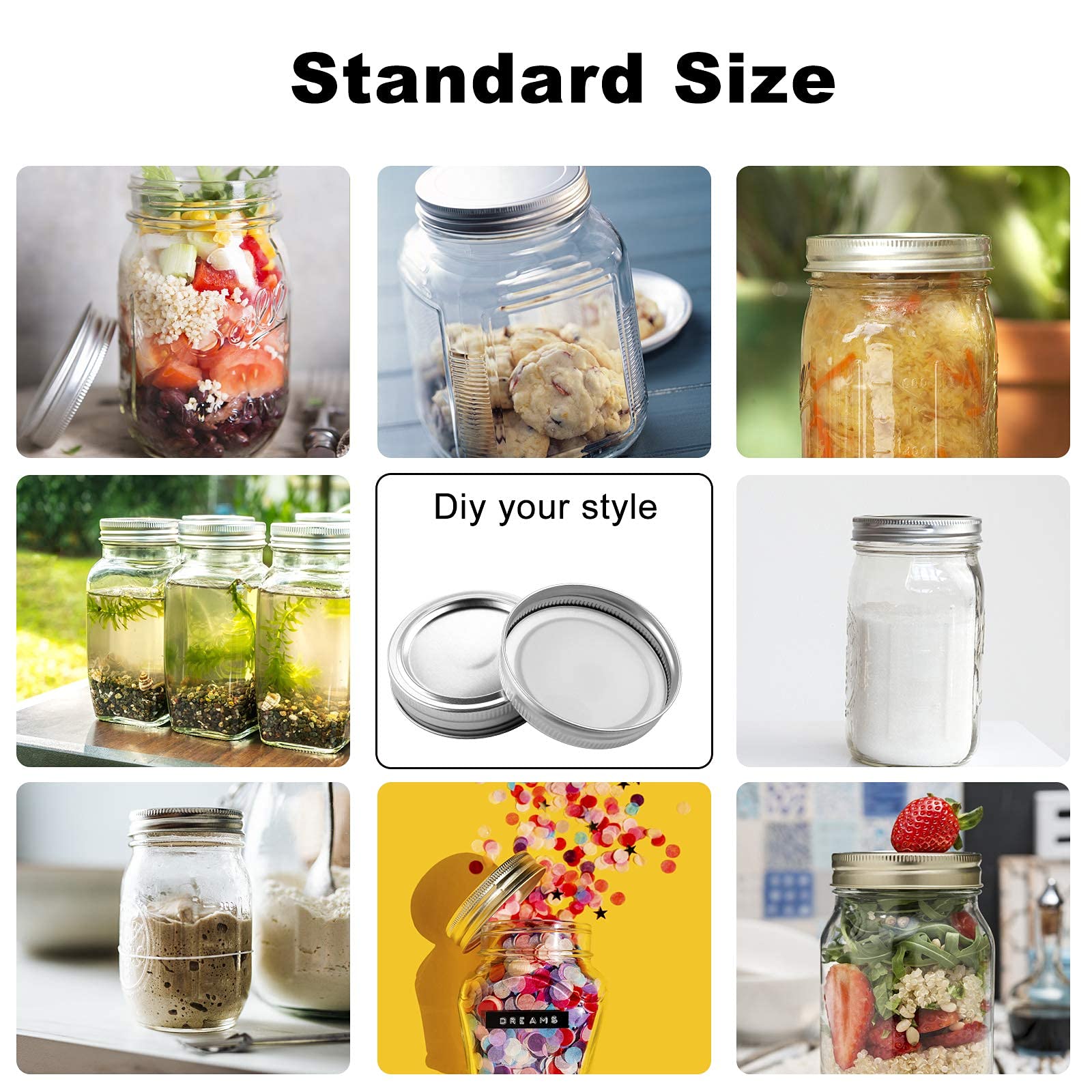 60Pcs Wide Mouth Mason Jar Canning Rings, Replacement Rings or Tops Durable & Rustproof Tinplate Metal Bands/Rings for Mason Jar (Silver/87 MM)