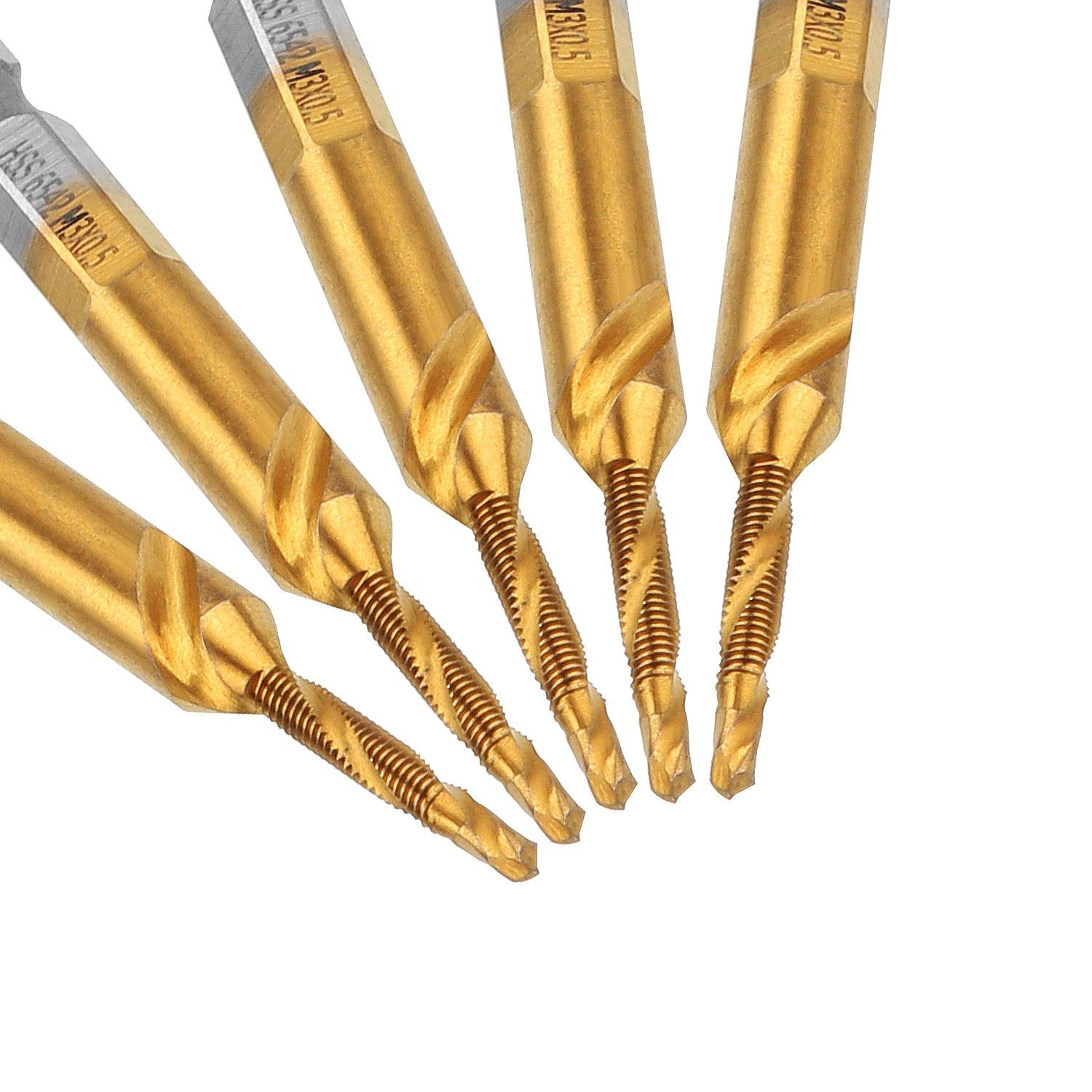 ABuff 5 Pcs M3 Tap HSS 6542 Combination Metric Thread Drill Bit, Titanium Drill Bit Set with Spiral Flute, Countersink Drill with Hex Shank, Tap Set for Drilling, Tapping