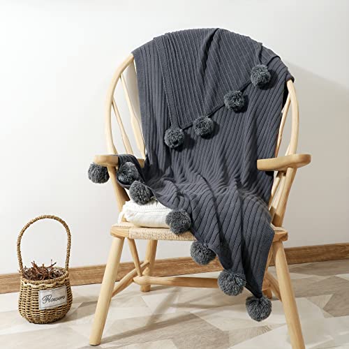 Fomoom Pom Pom Throw Blanket, Chunky Knit Pom Poms Throw Blanket, Decorative Knitted Cotton Blanket with Pompom Tassels for Gift (Dark Gray, 59"x79")