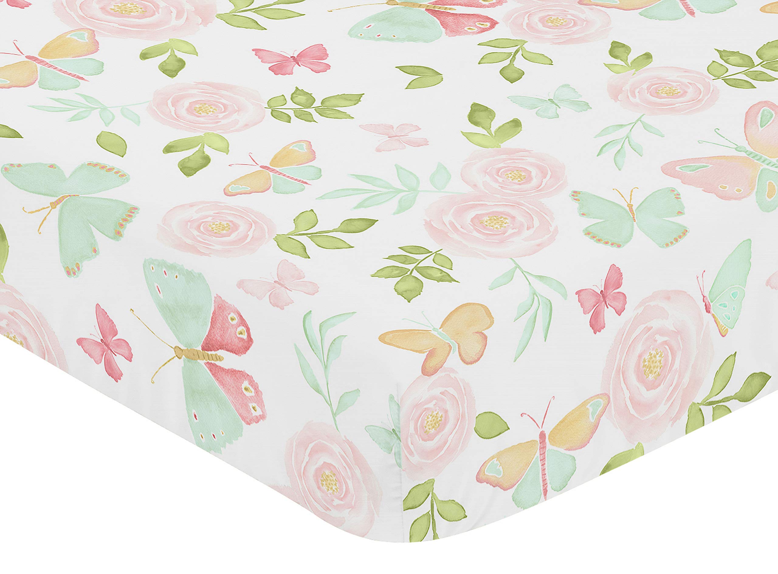Sweet Jojo Designs Blush Pink, Mint and White Watercolor Rose Baby or Toddler Fitted Crib Sheet for Butterfly Floral Collection
