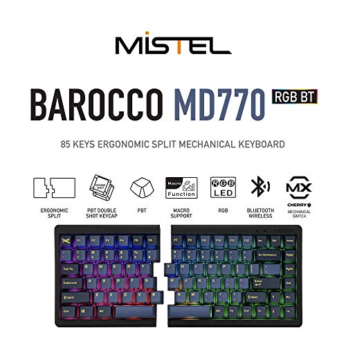 Mistel BAROCCO MD770 RGB Wired + Wireless Bluetooth TKL Split Mechanical Keyboard with Cherry MX Black Switch, Ergonomic Gaming Keyboard, Yellow Letter Glaze Blue PBT DoubleShot Keycaps, Macro Support