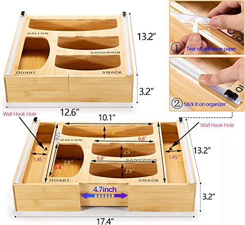 Bamboo 6 In 1 Foil and Plastic Wrap Organizer, Ziplock Bag Organizer/Holder Wrap Dispenser With Slide Cutter, for kitchen Drawer or House Wall Use, for Gallon,Quart,Sandwich Bag etc.