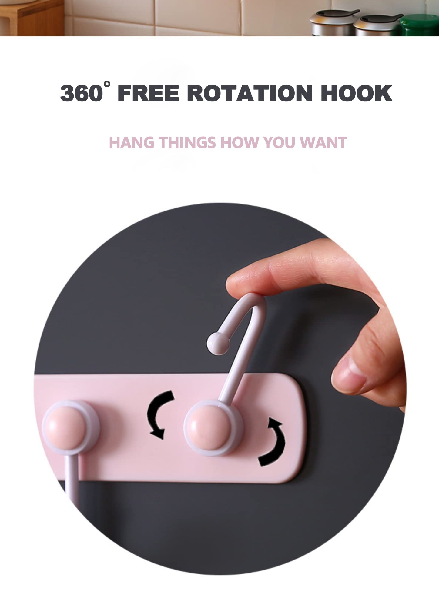 Adhesive Wall Hooks with 6 Rotating Hooks, Pink Rack Wall Hooks for Hats and Coats, Perfect for Hanging Kitchen Utensils and Towels in Kitchen and Kids Bedroom(1PACK)
