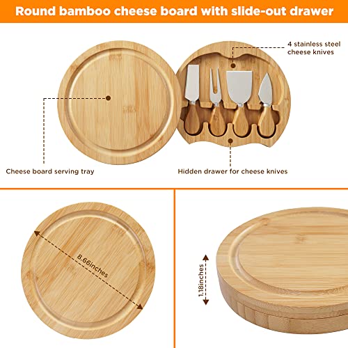 Bamboo Cheese Board and Knife Set,Round Charcuterie Board Set with 4 Knives,Cheese Board Set with Slide-Out Drawer,House Warming Gifts New Home