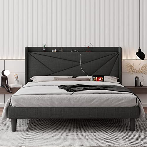 iPormis King Size Upholstered Platform Bed Frame with Type C & USB Ports and Storage Headboard, Geometric Bed Frame with Wingback, Wood Slats, Noise-Free, No Box Spring Needed, Dark Grey