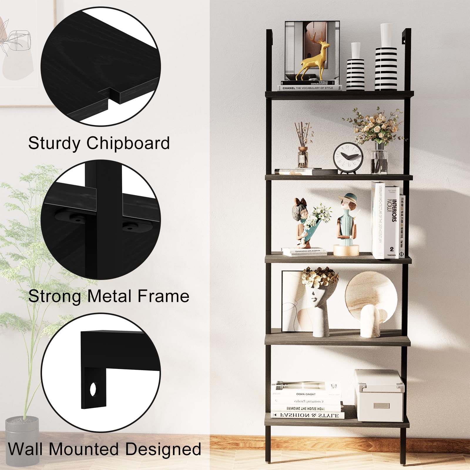 aboxoo Ladder Shelf Open 5-Tier Bookshelf Wall-Mounted Black Wood Bookcase Storage Rack Open Industrial Modern Plant Stand Utility Organizer Bookcase Metal Frame Furniture Office Bedroom