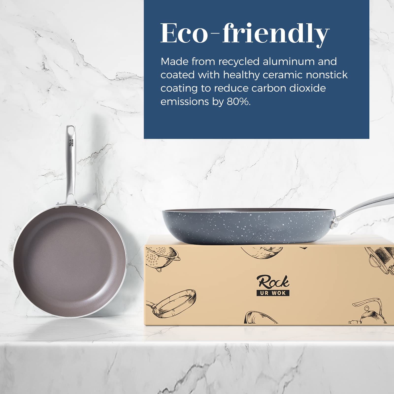 ROCKURWOK Non Stick Frying Pans Ceramic Pan, 3-Piece Set Cooking Pan with Stainless Steel Handle, 8" &10" and 12" Pan - Free of PFAS, PTFE, PFOA, Dishwasher Safe, Oven Safe