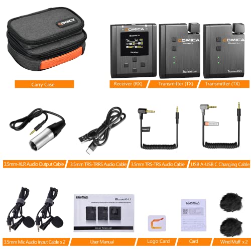 COMICA BoomX-U2 UHF Wireless Lavalier Microphone System with Dual-Channel Recording, Noise Reduction, 394' Range, Screen Flip, Lav Mic for Camera Smartphone Podcast Interview YouTube Facebook Live
