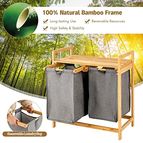 Bamboo Laundry Hamper with Dual Compartments Laundry Sorter and Sliding Bagswith Removable Sliding Bags & Shelf β Wooden Bamboo Laundry Organizer Cabinet for Bathroom (HOOYA1297)