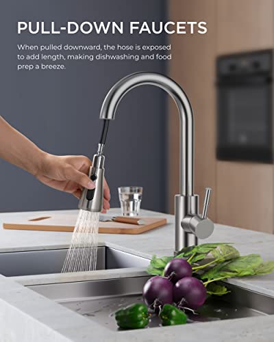 FORIOUS Kitchen Faucet with Pull Down Sprayer Brushed Nickel, High Arc Single Handle Kitchen Sink Faucet with Deck Plate, Commercial Modern rv Stainless Steel Kitchen Faucets, Grifos De Cocina