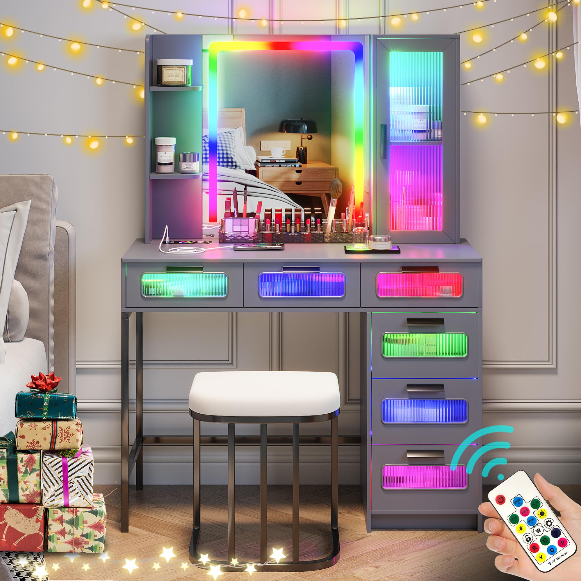 SKKTKT RGB LED White Vanity Desk with Mirror and Lights, 39.5" Makeup Vanity Table with Auto Sensor Flow Dazzling Lights and Wireless/USB/Type C Charging, Dressing Table with Stool and 6 Drawers