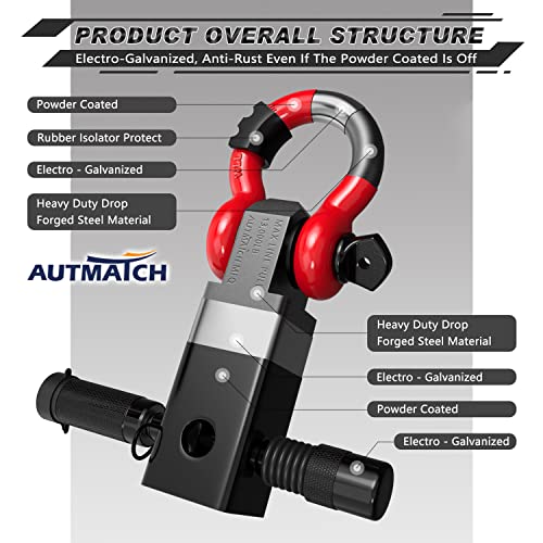 AUTMATCH Shackles 3/4" D Ring Shackle and Shackle Hitch Receiver 2 Inch with 5/8" Trailer Hitch Lock Pin, 45,000 Lbs Break Strength Heavy Duty Receiver Kit for Vehicle, Red
