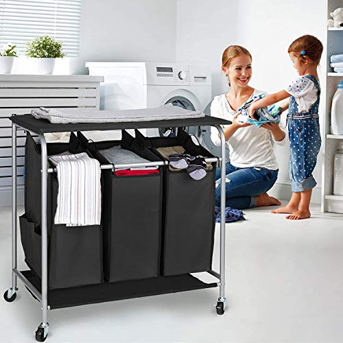 JINAMART 3 Section Laundry Sorter with Ironing board, Rolling Laundry Hamper cart, Removable Bag Sorter Basket with 4 side pockets, Laundry Organization Bins for Bedroom & Bathroom (Black)
