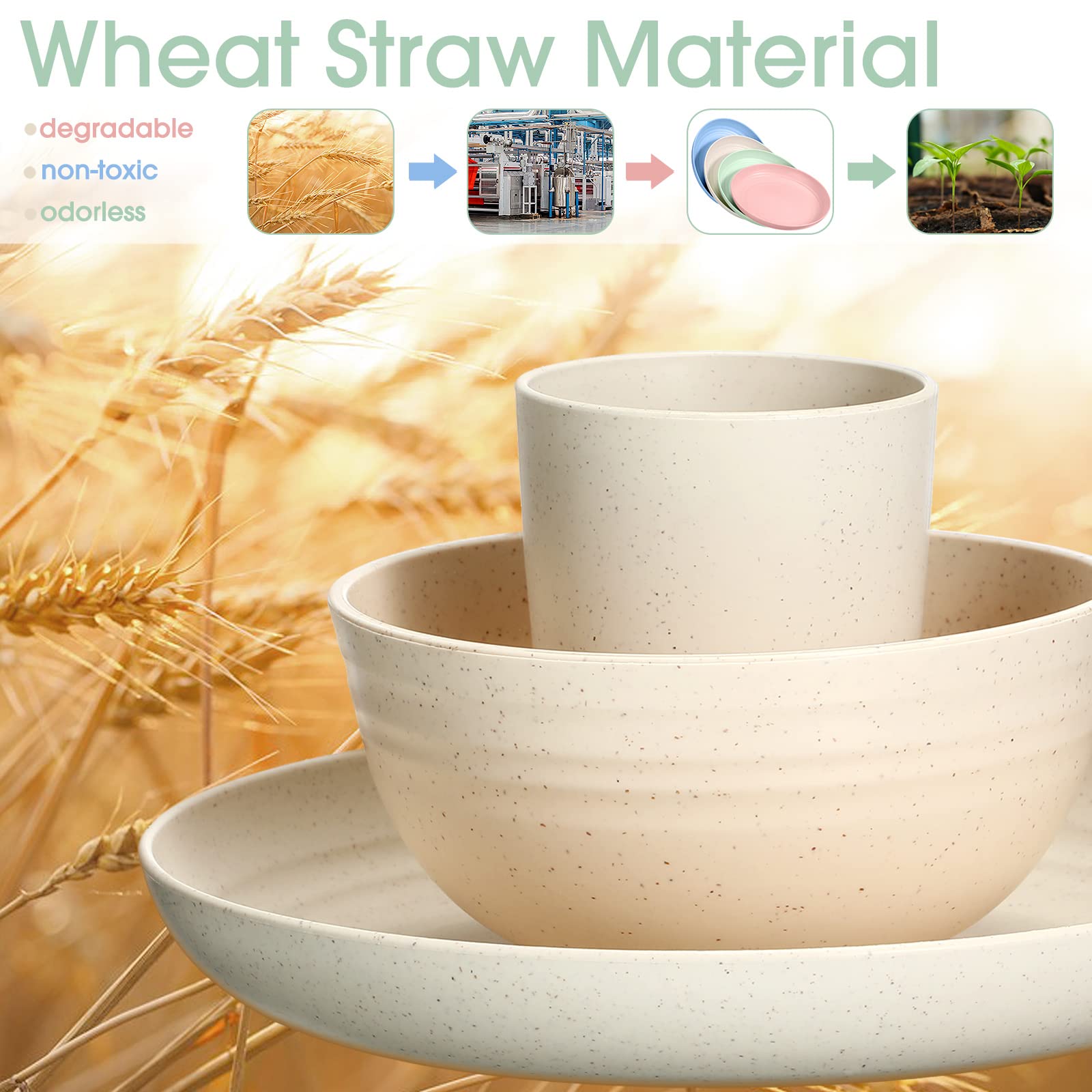 64 Pcs Wheat Straw Dinnerware Sets Unbreakable Dinnerware Set Plastic Dishes Set Reusable Lightweight RV Camping Bowls Dishes Plates Cups Set Microwave Safe Dinnerware for Kitchen Indoor