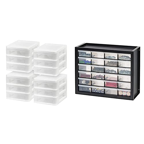 IRIS USA, Inc.IRIS USA Plastic 3-Drawer Desktop Organizer, White, 4 Pack & IRIS USA 24 Drawer Stackable Storage Cabinet for Hardware Crafts and Toys, 19.5-Inch W x 7-Inch D x 15.5-Inch H, Black