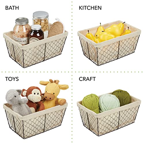 mDesign Medium Metal Farmhouse Home Storage Organizer Basket - Chicken Wire Design, Fabric Liner for Kitchen, Bathroom, Living Room, Pantry, Cupboard, Shelves, Countertop, 2 Pack - Bronze/Natural