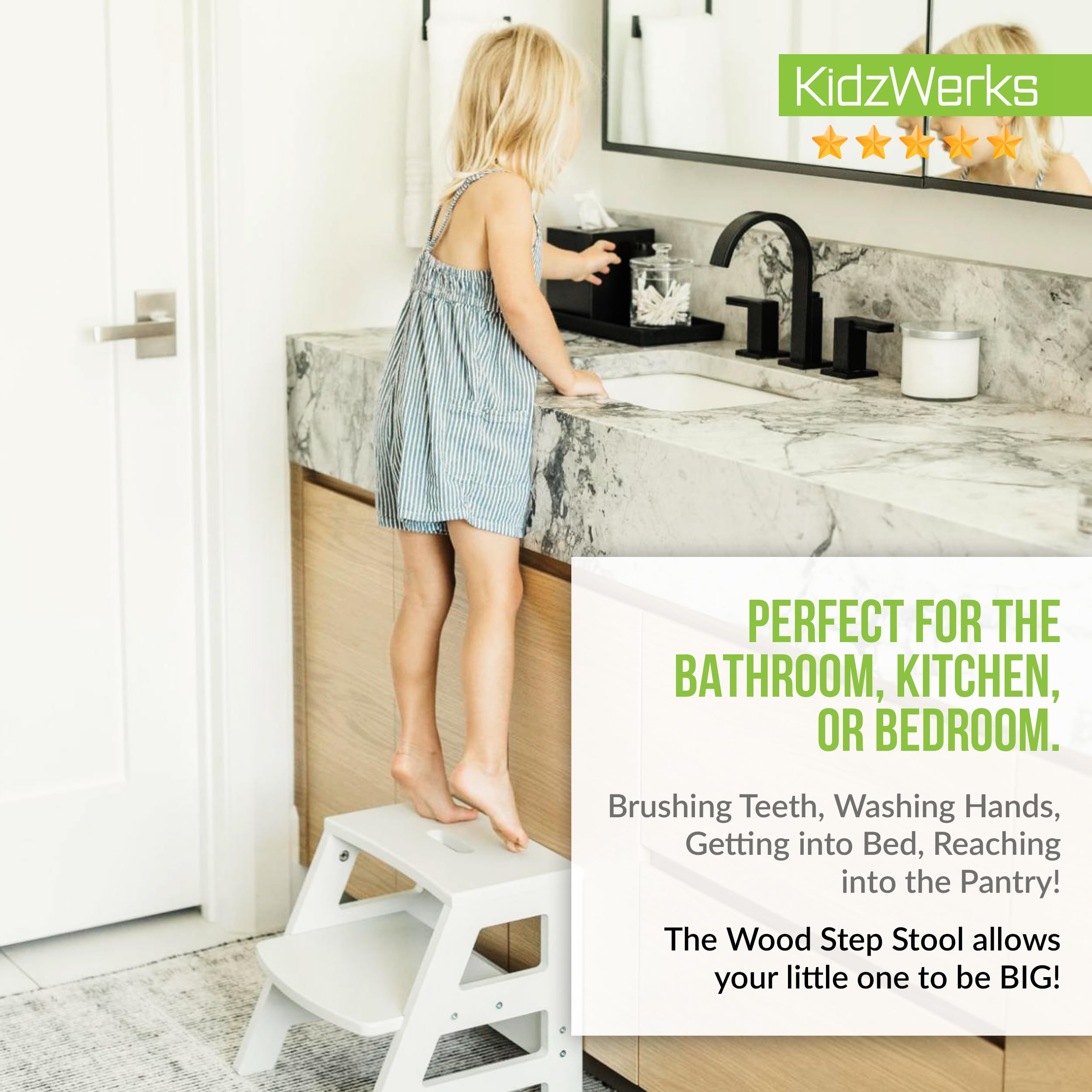 KidzWerks Kids Step Stool for Toddlers Bathroom Kitchen Potty Wooden Children’s Stepping Standing 2-Step Ladder, Grey