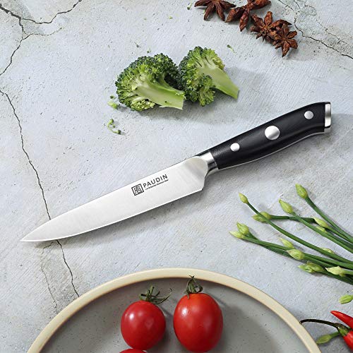 PAUDIN Chef Knife, 5 inch Professional Kitchen Utility Knife Forged of German Stainless Steel, Ultra Sharp Kitchen Knife with Triple Rivet G10 handle