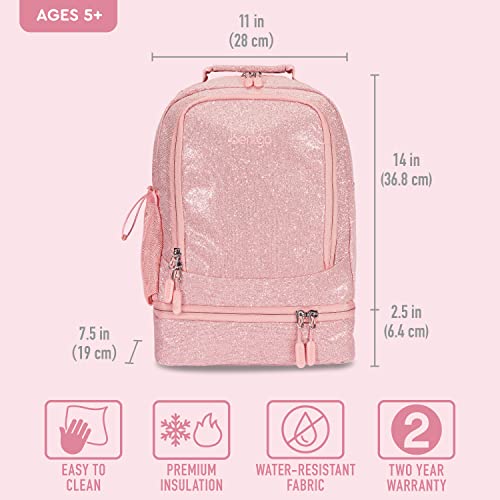 Bentgo® Kids 2-in-1 Backpack & Insulated Lunch Bag - Glitter Designed 16” Backpack for School & Travel - Durable, Water Resistant, Padded, & Large Compartments (Glitter Edition - Petal Pink)
