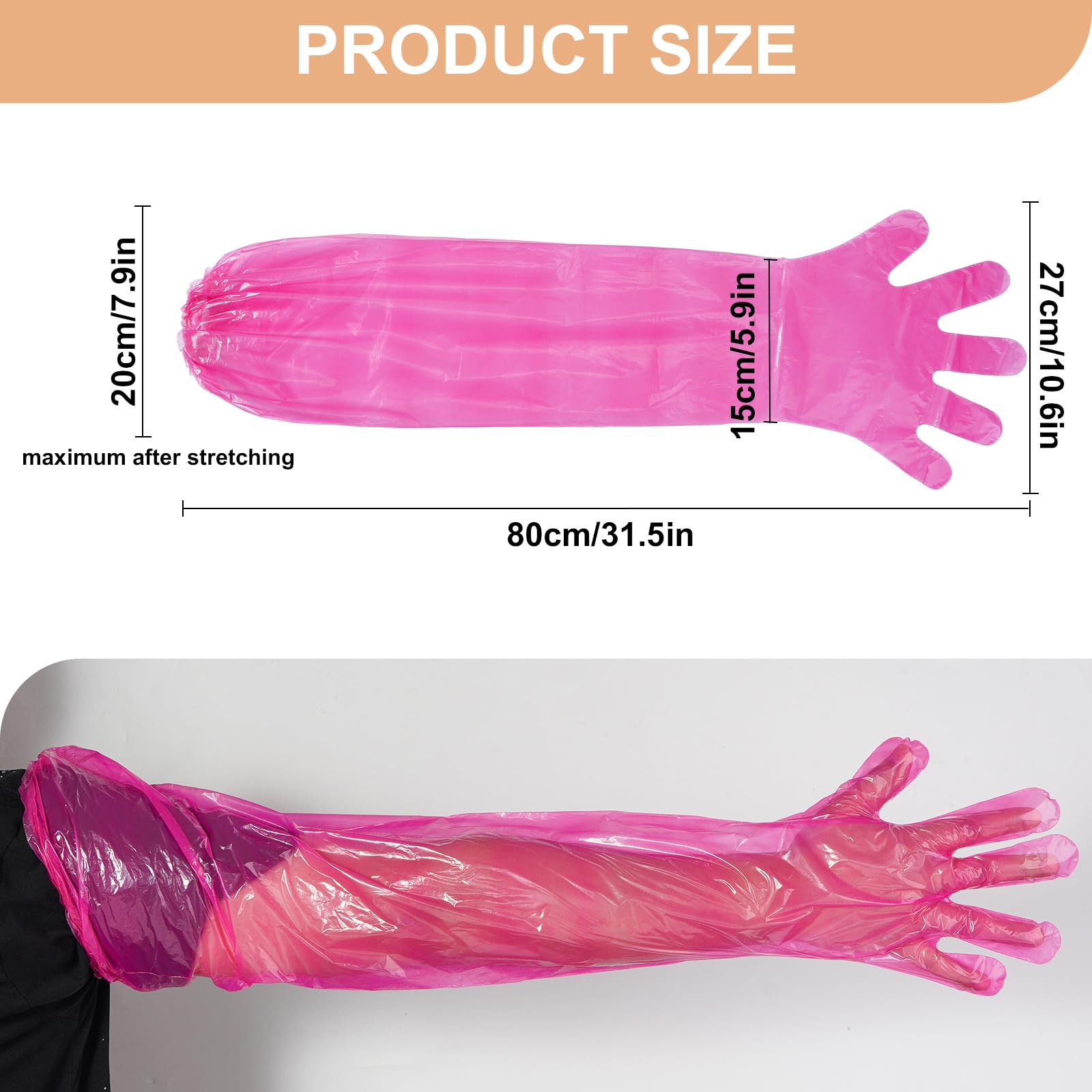 50pcs Disposable Long Plastic Gloves Full Arm Long Sleeve Gloves Veterinary Field Dressing Gloves Extra Long Sleeve Gloves for Veterinary Insemination House Cleaning Gardening(pink)