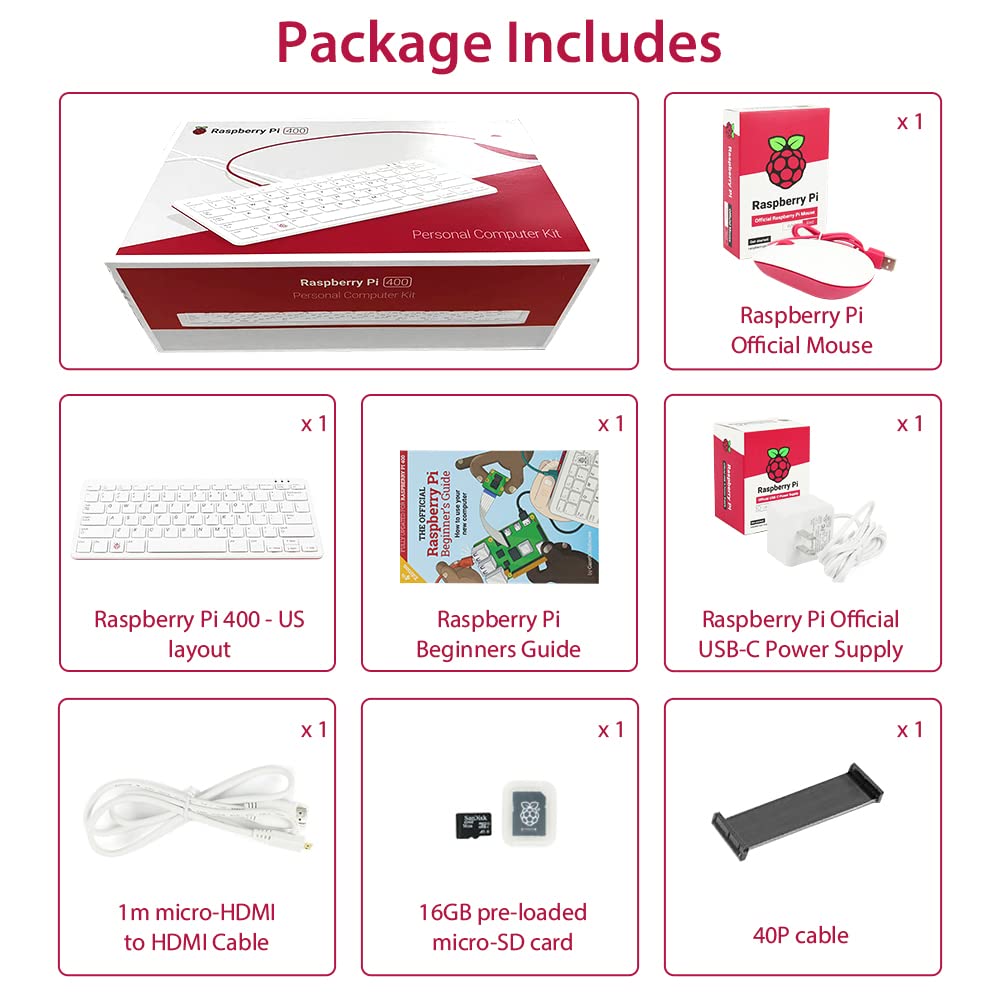 Raspberry Pi 400 Computer kit,4GB RAM,with Raspberry Pi 400 Keyboard, Wired Mouse, Micro HDMI Cable, Type-c Power Supply,16GB Card Preloaded with Raspberry Pi OS with 40Pin Cable