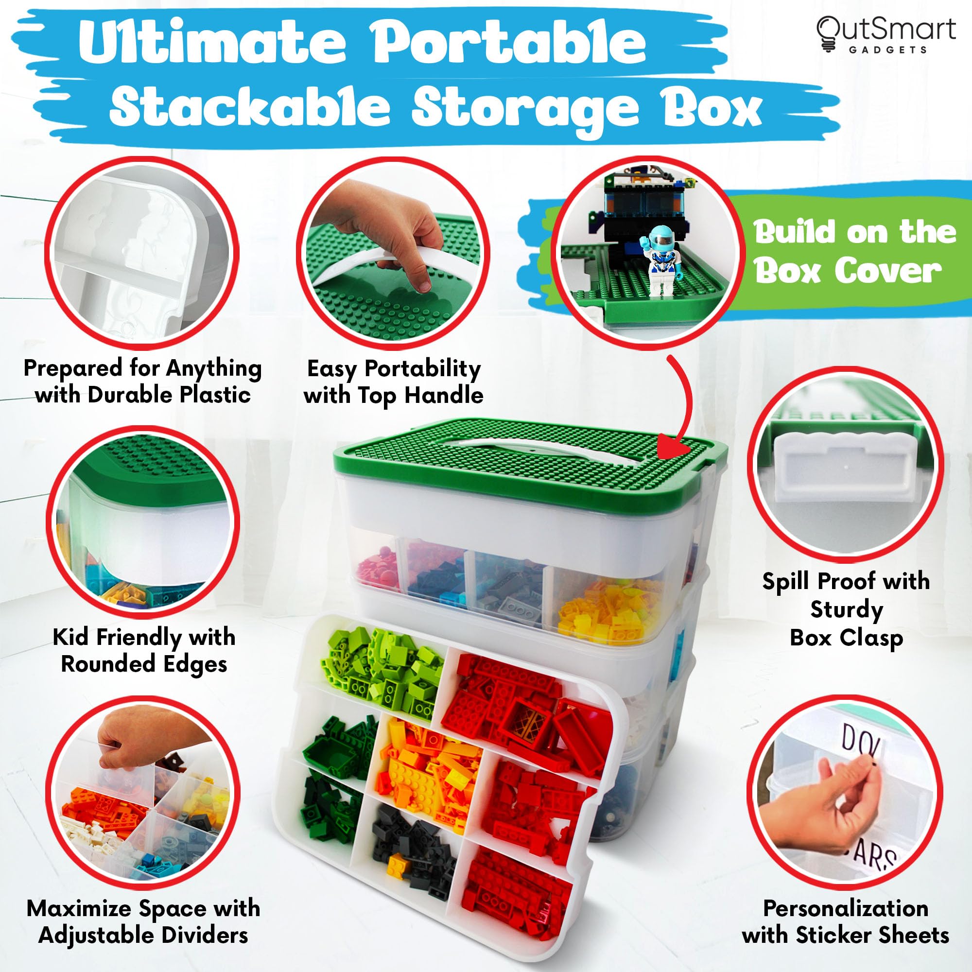 Outsmart Gadgets Plastic Stackable Toy Storage Organizer Bin for Lego, Building Bricks, Dolls and Crafts Organization, 3 Layers with Adjustable Compartments,ABC Stickers and 2 Lids Included