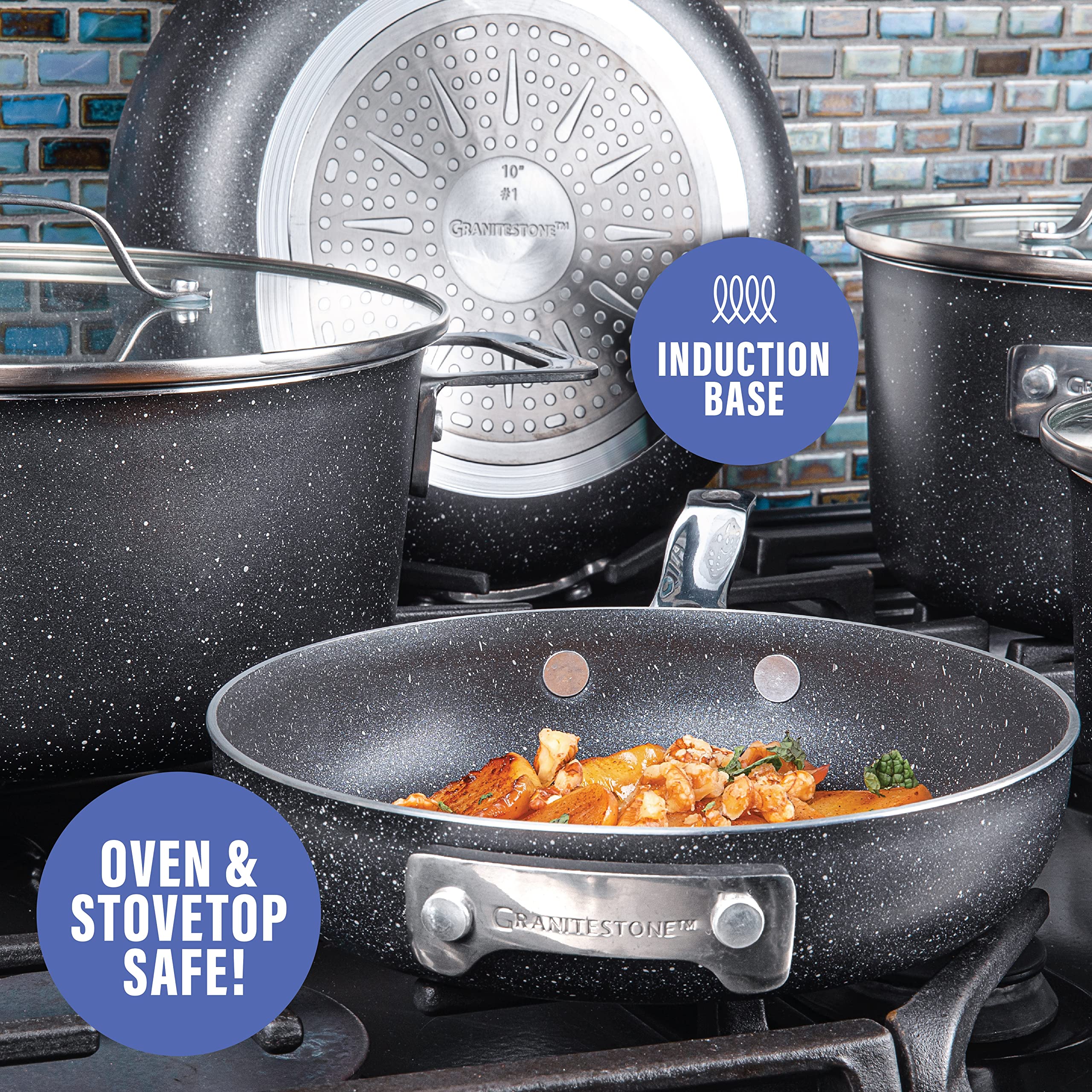 Granitestone Stackable Pots and Pans Set Nonstick, 10 Piece Space Saving Complete Kitchen Cookware Set with Ultra Nonstick Mineral & Diamond Coating, Oven & Dishwasher Safe, Healthy & Toxin Free-Black