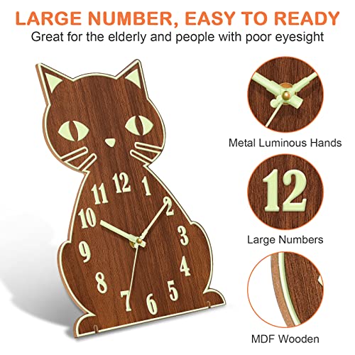Night Light Wall Clock - Cat Wall Clocks Glow in Dark, Silent Non-Ticking Wood Clocks Battery Operated, Rustic Farmhouse Modern Clock Decorative for Kitchen Living Room Bedroom (12 Inch)
