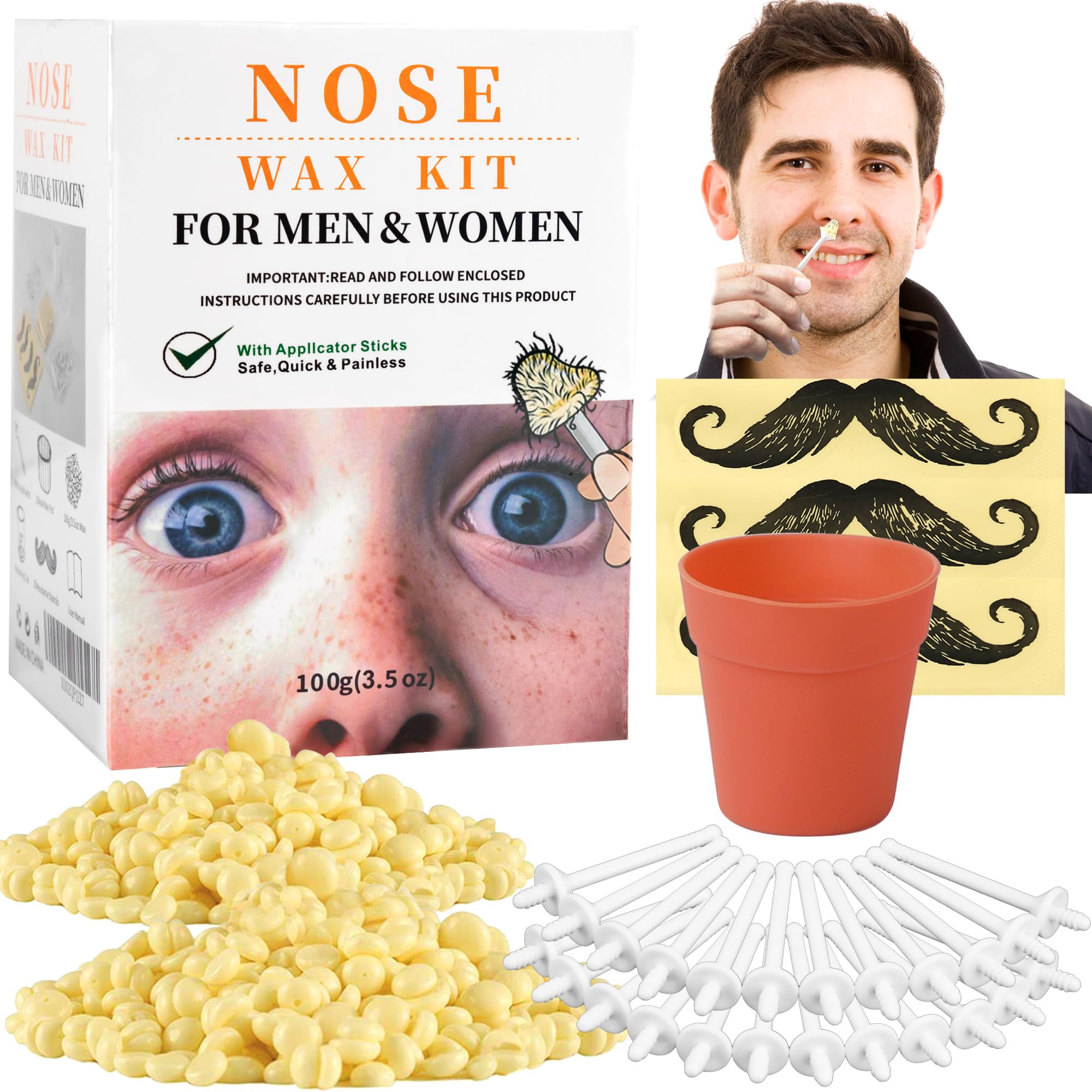 Nose Wax Hair Removal Kit by CoFashion | 100g Wax, 30 Applicators (15-30 Uses) | Painless, Quick & Easy for Men | 15 Mustache Guards, 1 Silicone Cup