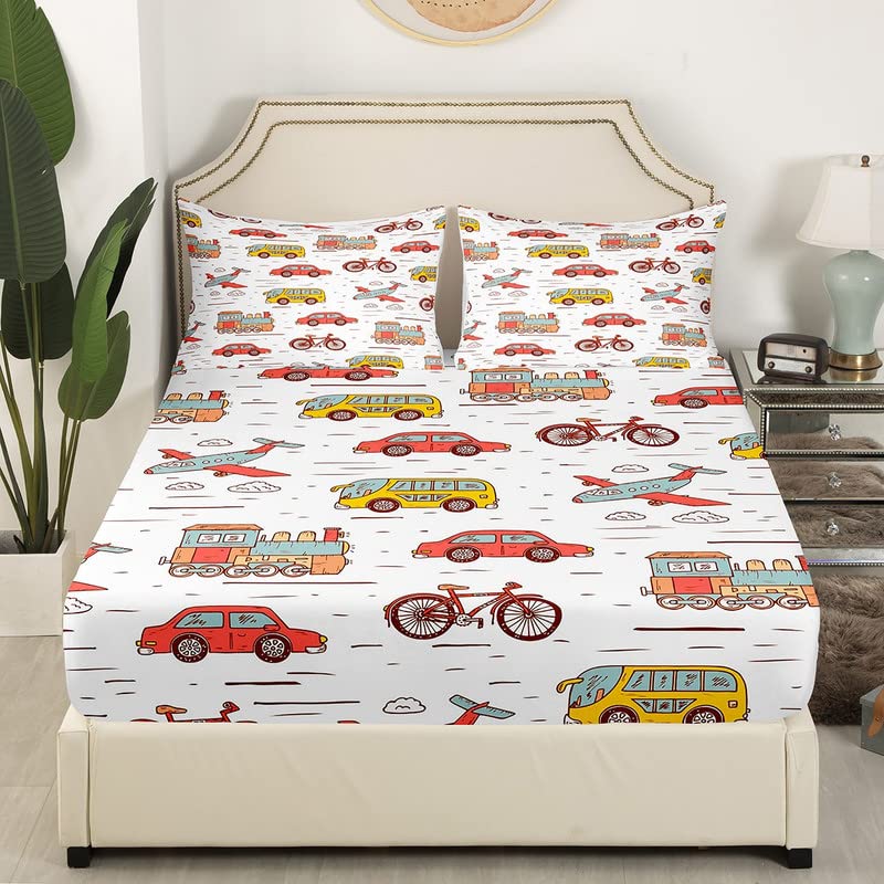 Feelyou Cartoon Car Bed Sheets Set Kids Train Airplane Print Sheet Set Boys Girls Decor Bus Bicycle Rider Sheets with Deep Pocket Fitted Sheet Microfiber Aircraft Red Bedding Set Bedroom Queen