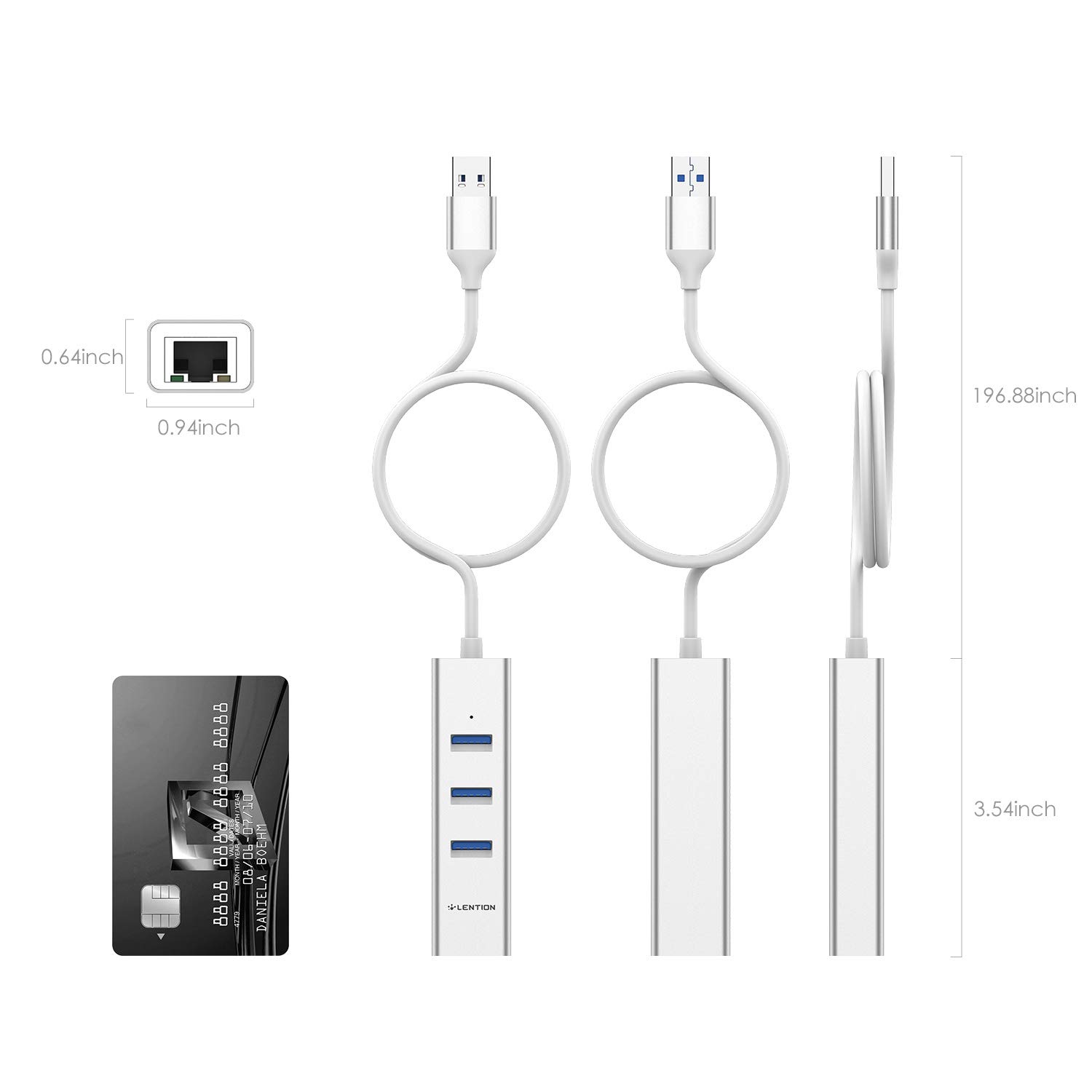 LENTION 3-Port USB 3.0 Hub with Gigabit Ethernet Adapter Compatible MacBook Air/Pro (Previous Generation), iMac, Surface, Chromebook, More Type A Laptops - Ultra Slim (CB-H23s-0.5M, Silver)