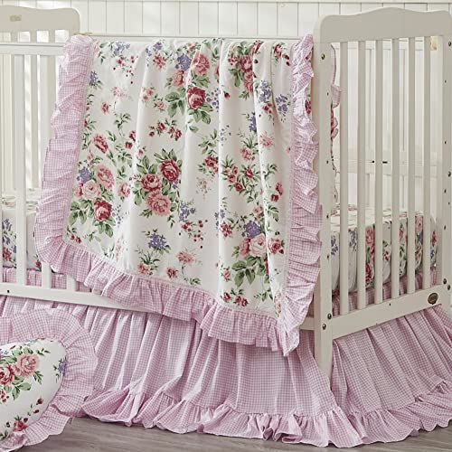Brandream Pink Floral Crib Bedding Sets for Girls Farmhouse Chic Nursery Bedding Collection, 100% Cotton 3 Pieces