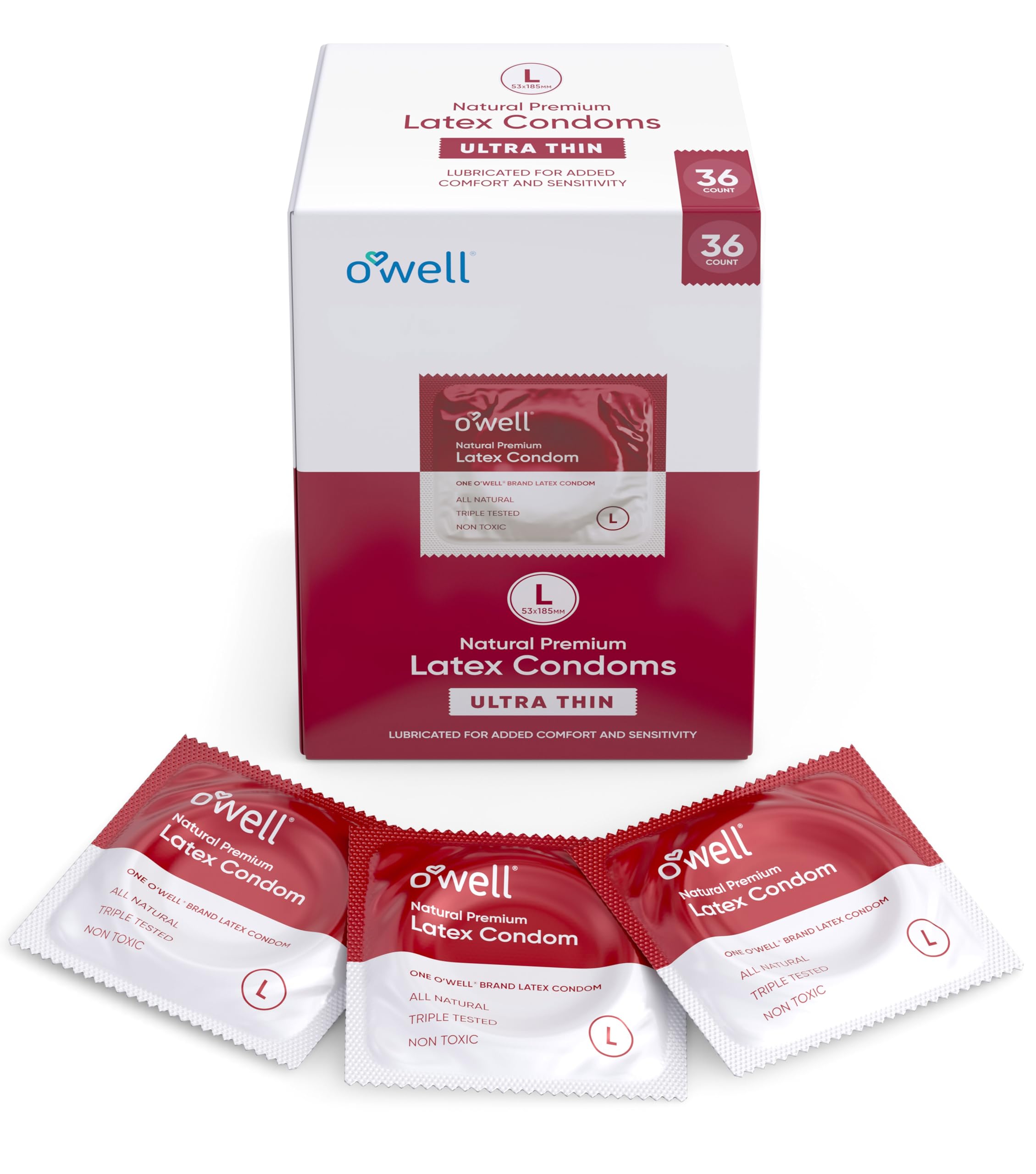 36 Latex, Ultra-Thin Condoms – Triple-Tested Lubricated Condoms with a Silicone Base for Comfortable Birth Control & Pleasure – Natural Latex Condoms for Men (2 x 7.2 in. Flat) by OWELL, Large