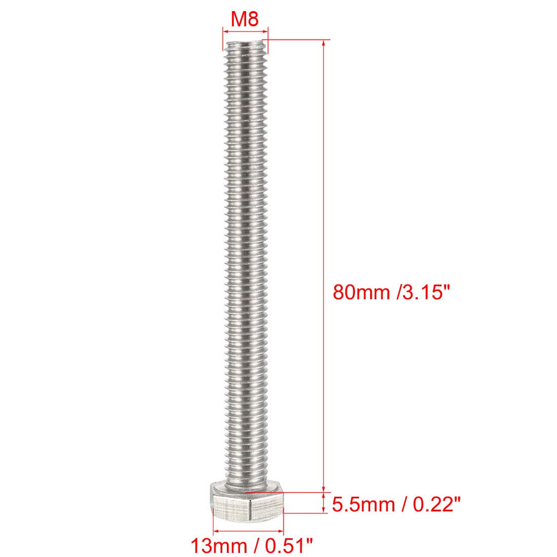 uxcell M8x80mm Hex Bolts 304 Stainless Steel Hexagon Screw Bolt 5 Pcs