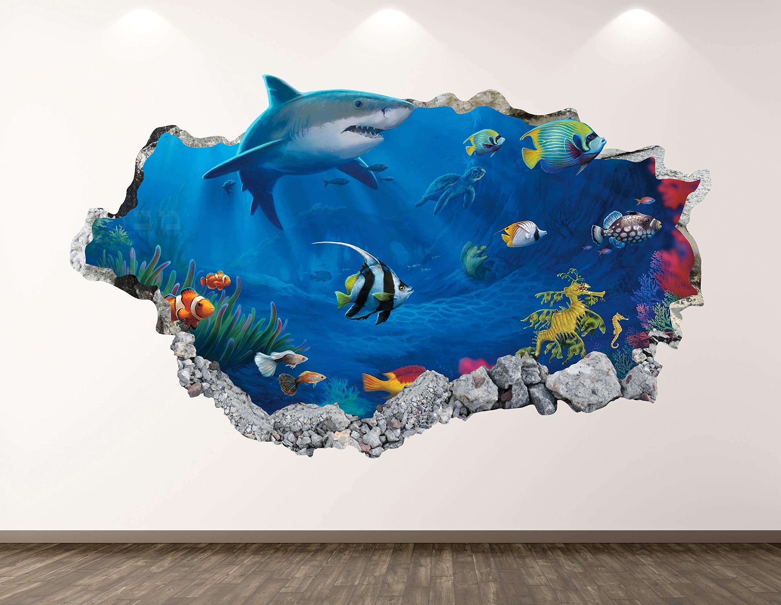 Shark Wall Decal Art Decor 3D Smashed Aquarium Sticker Poster Kids Room Mural Custom Gift BL130 (22"W x 14"H)
