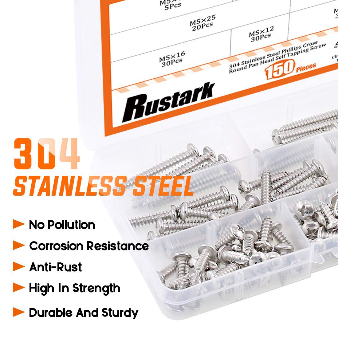 Rustark 150Pcs M5 304 Stainless Steel Round Pan Head Phillips Cross Screws Drive Self-Drilling Screws Assortment Kit